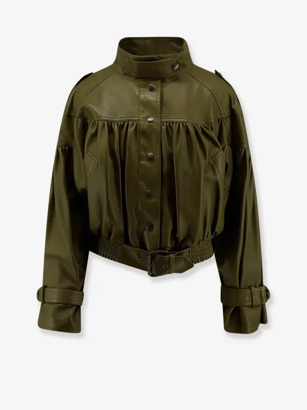 Chloé Cropped Leather Jacket With High Collar And Belted Waist