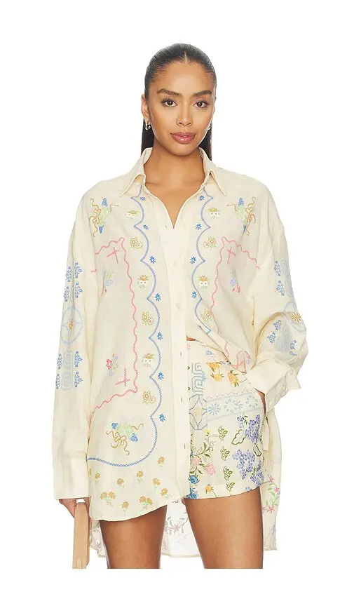 Agua Bendita Embroidered Linen Blend Shirt