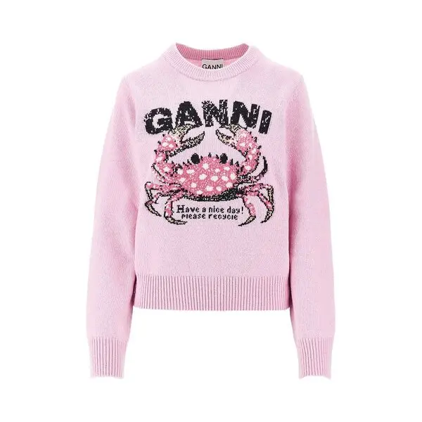 GANNI Wool-blend Sweater With Crab Motif - Pink
