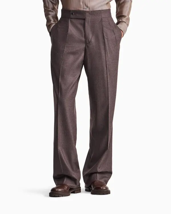 Giorgio Armani Oversized Double Pleat Virgin Wool Flannel Trousers - Brown