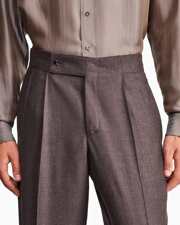Giorgio Armani Oversized Double Pleat Virgin Wool Flannel Trousers - Brown