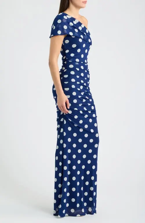 Black Halo Rosario Polka Dot One-shoulder Mesh Maxi Dress
