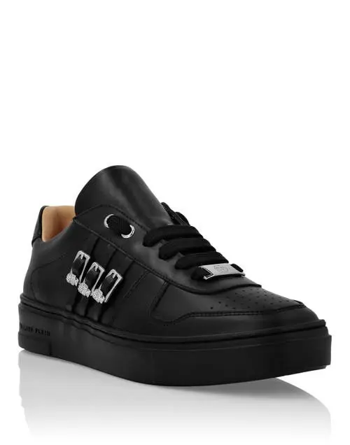 Philipp Plein Nappa Leather Lo-top Sneakers With Skull Logo Detail - Black/black