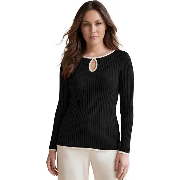 JESSICA LONDON Ribbed Keyhole Pullover Sweater - Black