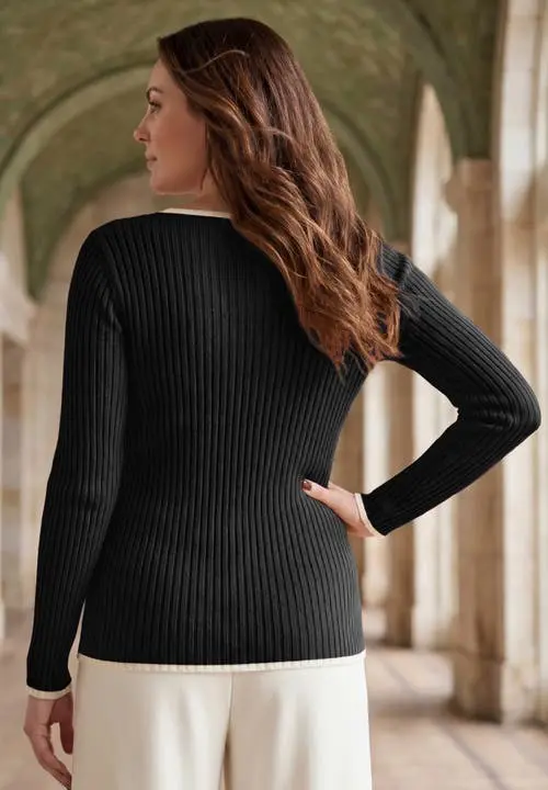 JESSICA LONDON Ribbed Keyhole Pullover Sweater - Black