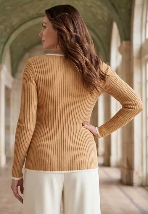 JESSICA LONDON Ribbed Keyhole Pullover Sweater - Soft Camel