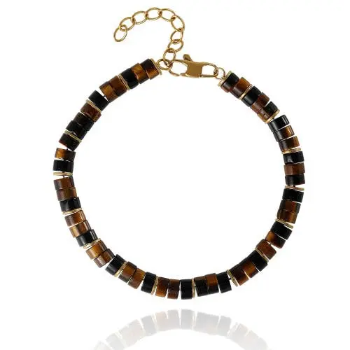 Lucky Brand Tiger Eye Heishi Bead Bracelet, Gold-tone Accents - Brown