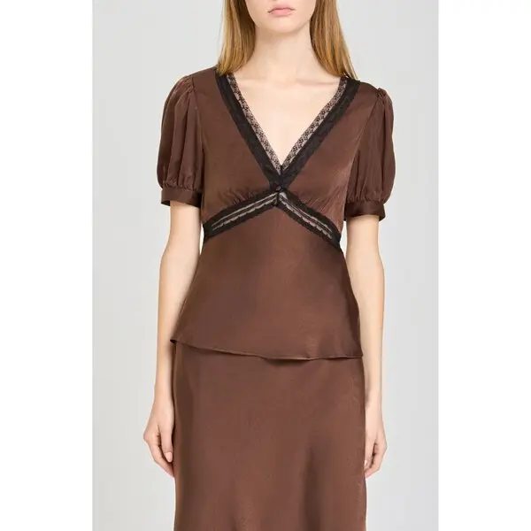 WAYF Felicity Lace Trim V-neck Puff Sleeve Satin Top - Chocolate
