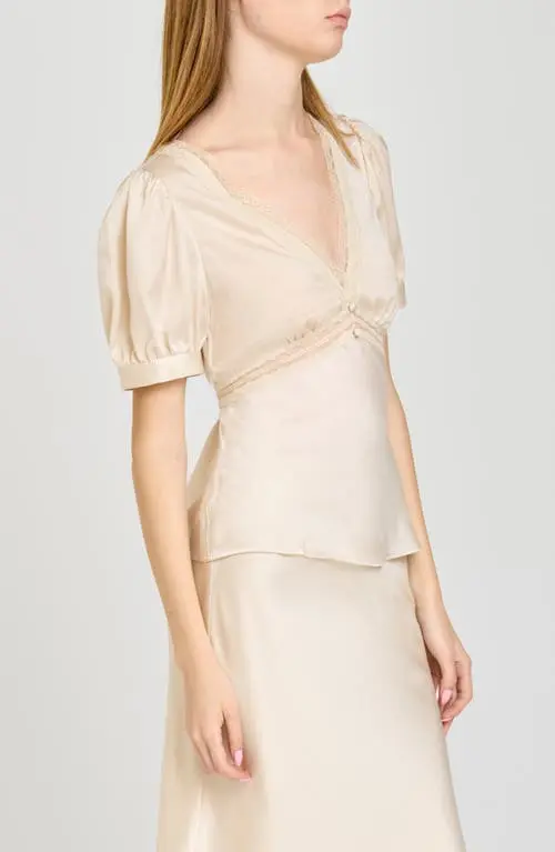 WAYF Felicity Lace Trim V-neck Satin Top - Cream