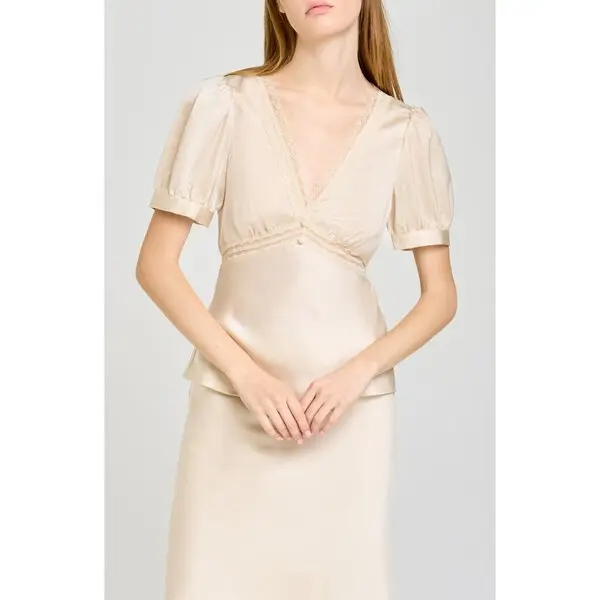 WAYF Felicity Lace Trim V-neck Puff Sleeve Satin Top - Cream