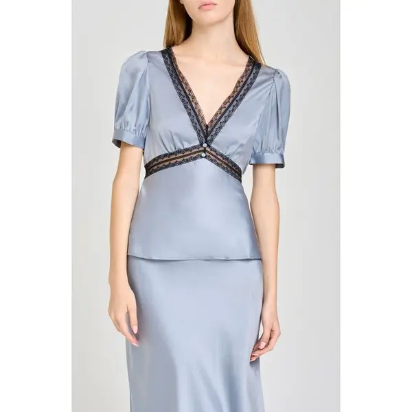 WAYF Felicity Lace Trim V-neck Puff Sleeve Satin Top - Slate