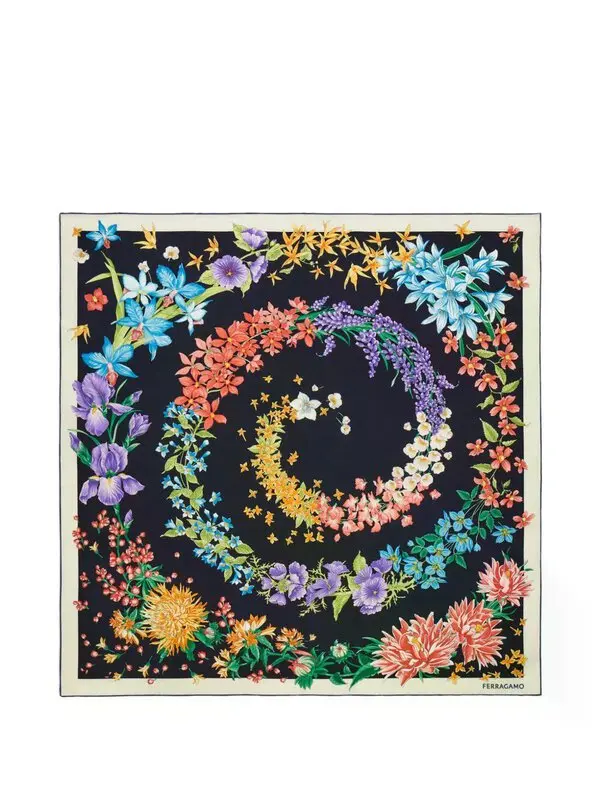 FERRAGAMO Spring-print Silk Scarf - Black