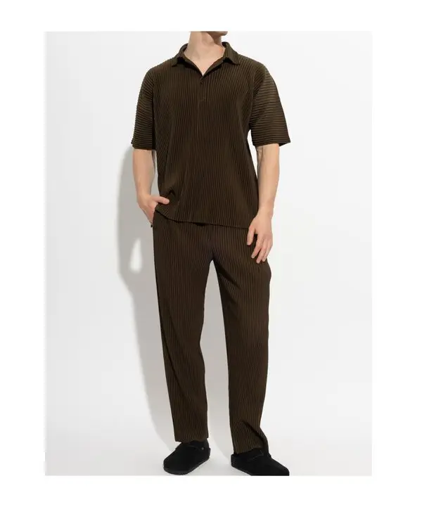 Issey Miyake Homme Plissé Pleated Short Sleeved Polo Shirt - Brown