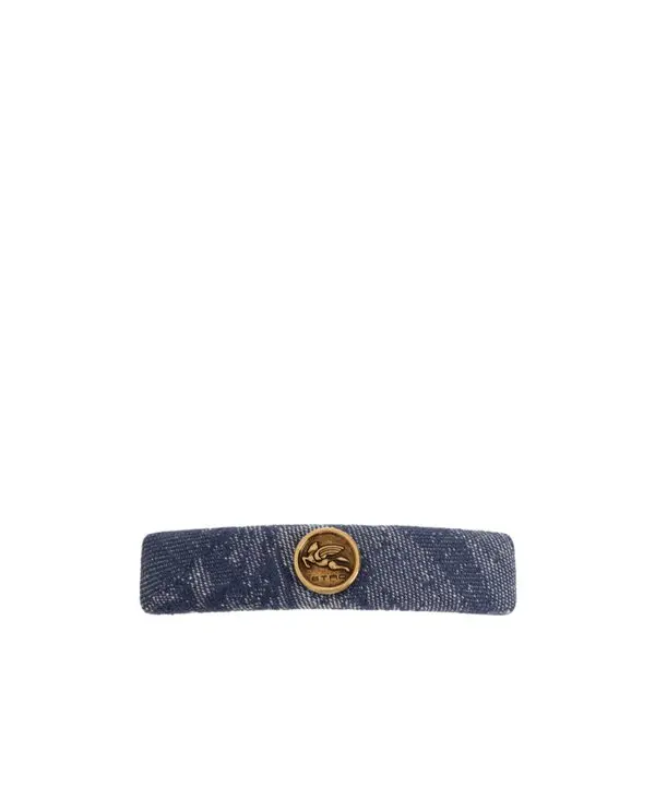 Etro Cotton And Linen Jacquard Denim Hair Clip With Leafy Motif - Navy Blue