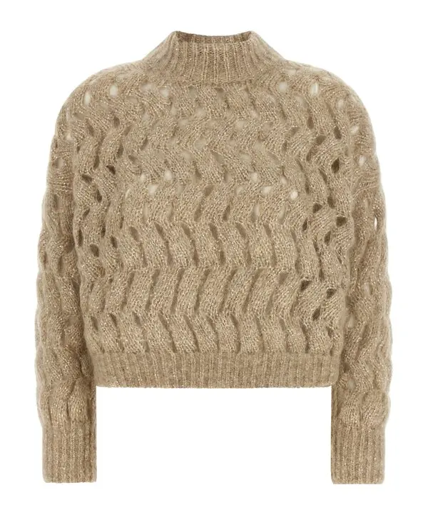 Brunello Cucinelli Dazzling Waves Openwork Knit Sweater - Nude