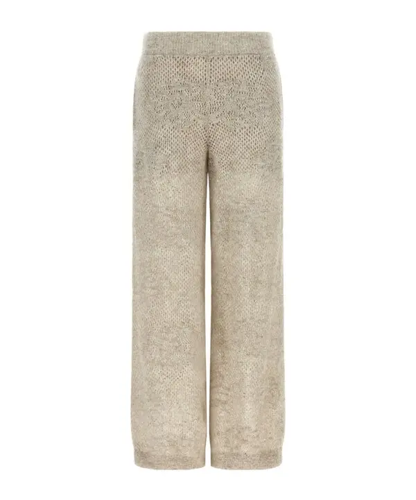 Brunello Cucinelli Lace-flowers Knit Track Trousers In Sparkling Mohair And Virgin Wool - Nude