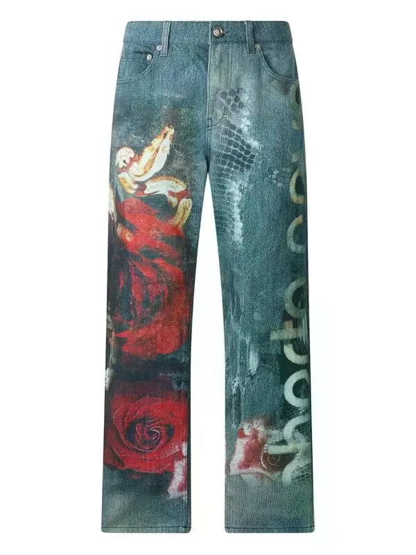 Roberto Cavalli Rose-print Cotton Jeans