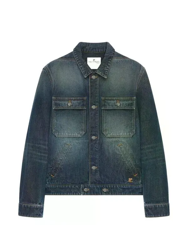 COURREGES Logo Embroidered Faded Denim Jacket - Blue