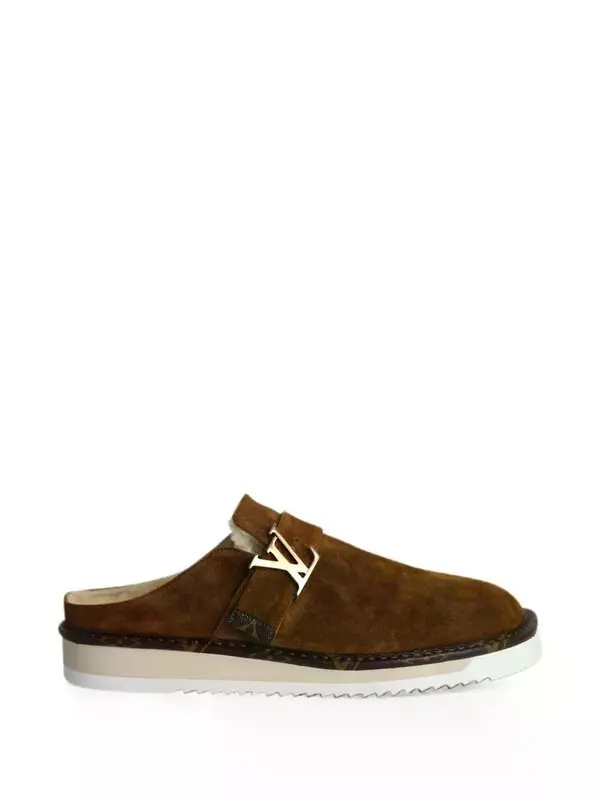 LOUIS VUITTON Suede Shearling Lined Mules - Brown