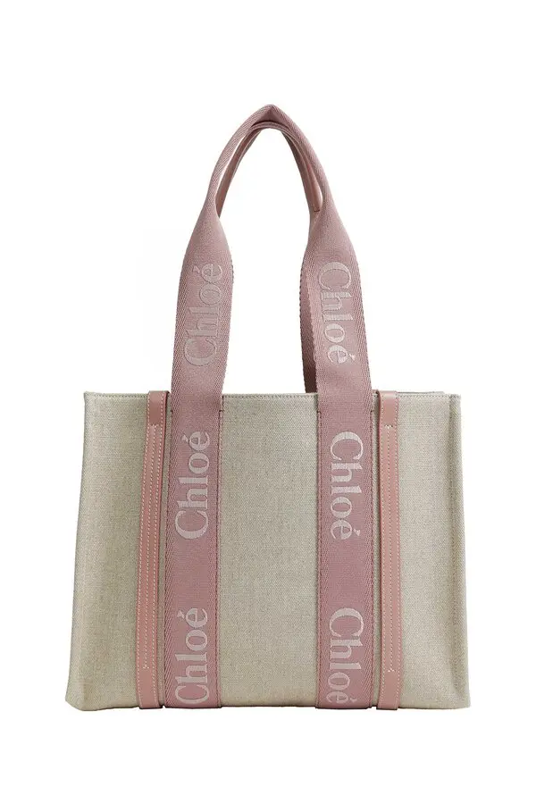 Chloé Woody Tote Bag In Linen And Calfskin - Beige