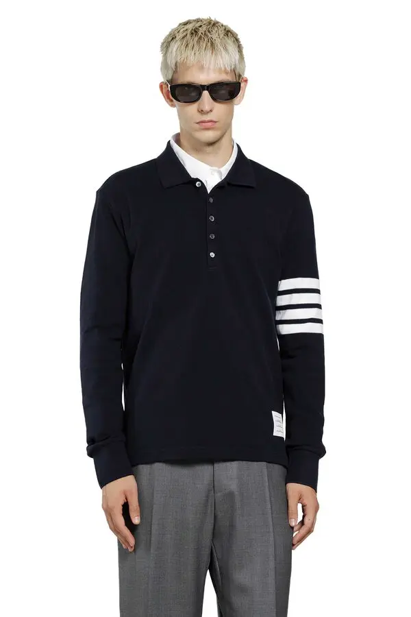 Thom Browne Cotton Piqué 4-bar Long Sleeve Polo - Blue