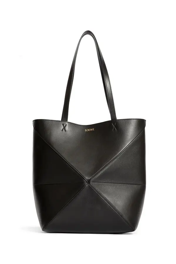 Loewe Medium Puzzle Fold Tote In Shiny Calfskin - Black