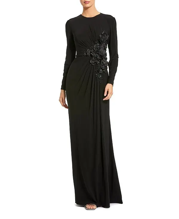 Mac Duggal Long Sleeve High Neck Floral Beaded Jersey Gown - Black