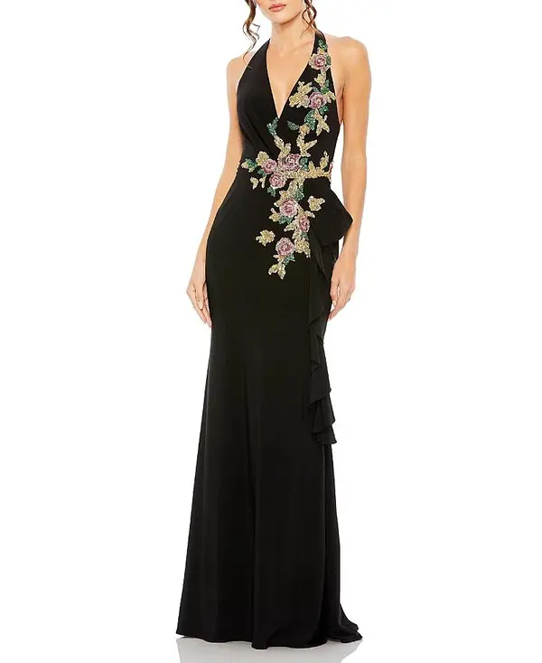 Mac Duggal Halter Floral Embellished Gown - Black