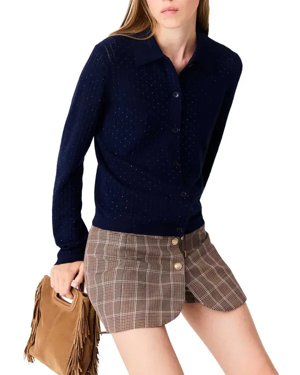 Maje Rhinestone Polo Collar Cardigan