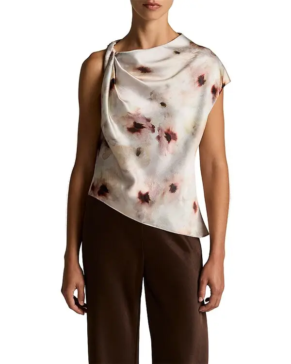 Vince Watercolor Floral Satin Twist Shoulder Top - Soft Peony
