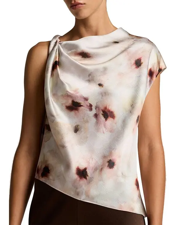 Vince Watercolor Floral Satin Twist Shoulder Top