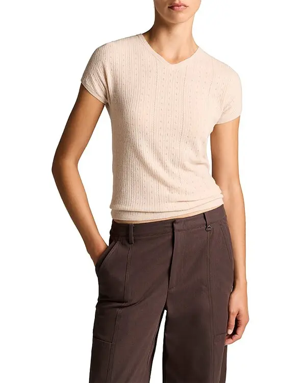 Vince Wool Pointelle V-neck Tee - Blush Cloud