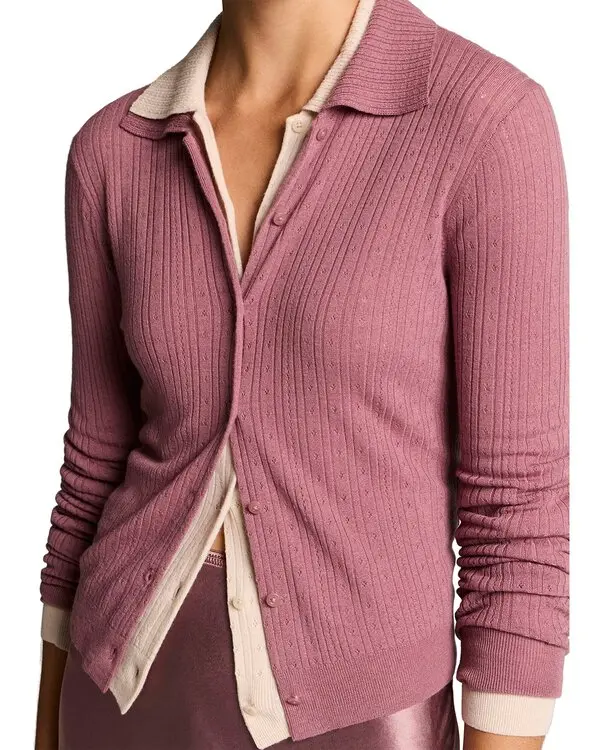 Vince Wool Pointelle Collared Cardigan - Dusty Peony