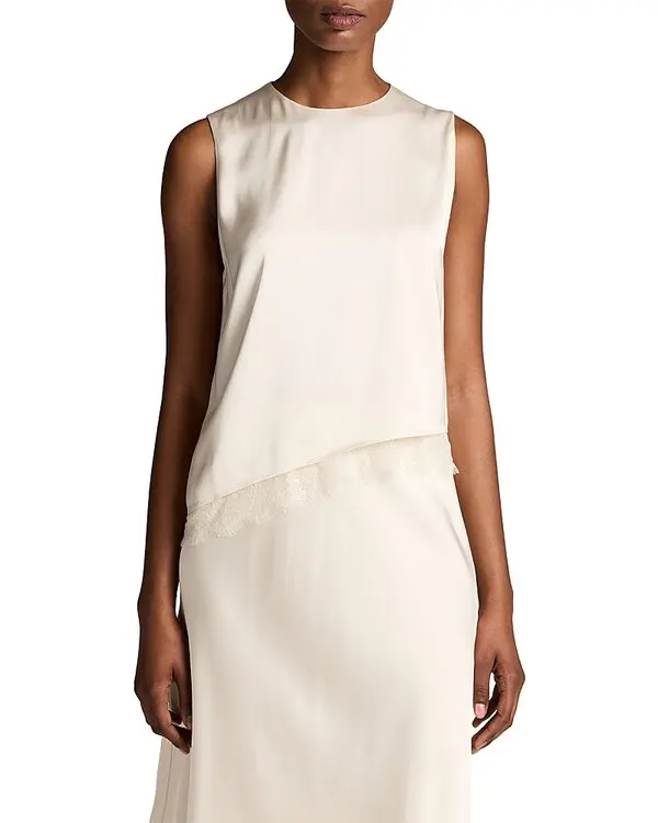 Vince Asymmetrical Lace Trimmed Satin Shell - Creme