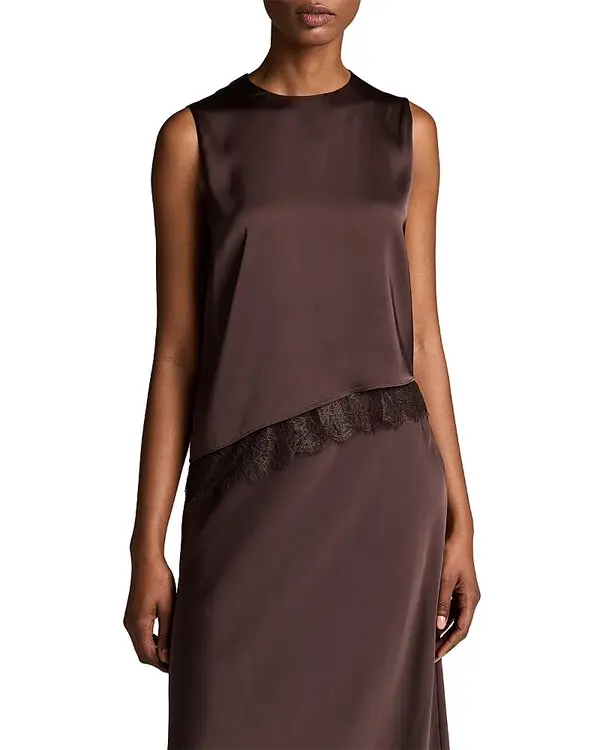Vince Asymmetrical Lace Trimmed Satin Shell - Iron