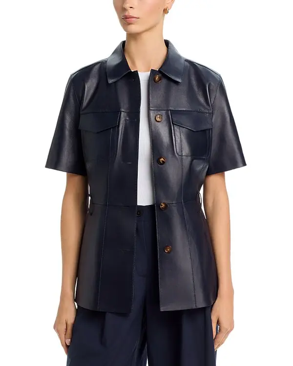 Lafayette 148 New York Leather Belted Patch Pocket Jacket