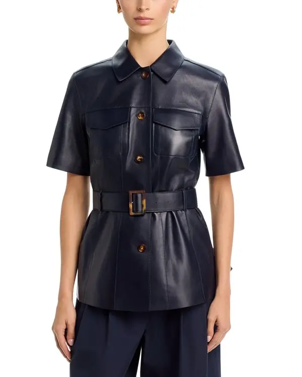 Lafayette 148 New York Leather Belted Patch Pocket Jacket
