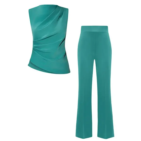 TIA DORRAINE Green / Blue Sleeveless Pleated Top & Trousers Set Turquoise - Green/blue