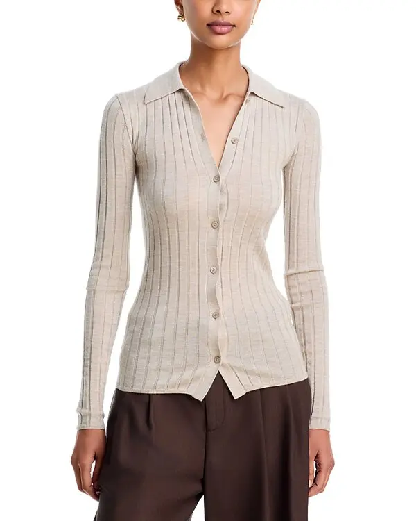 TOTEME Slim Rib Knit Collared Top - Oat Melange