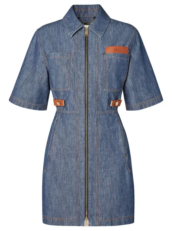 Fendi Short Sleeve Denim Shirt Dress With Leather Details - Navy