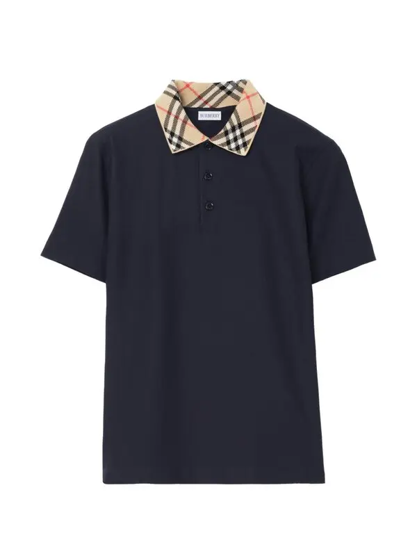 Burberry Cotton Polo Shirt With Check Collar And Button Placket - Navy