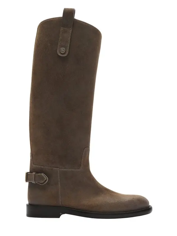 Burberry Cavalier Knee-high Suede Boot With Ankle Buckle And Visible Stitching - Brown