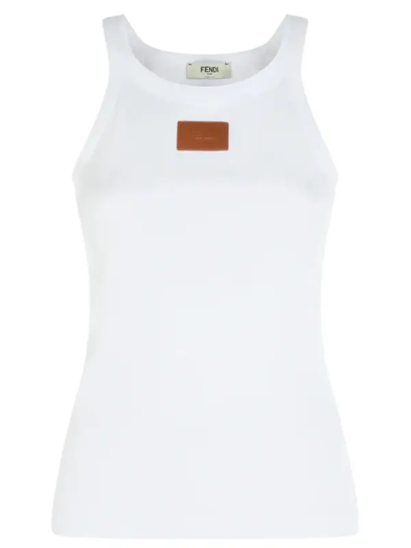 Fendi Crewneck Cotton Blend Top With Leather Logo Patch - White