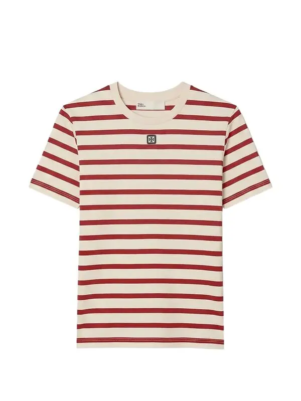 Tory Burch Striped Cotton T-shirt With Logo Detail - Red