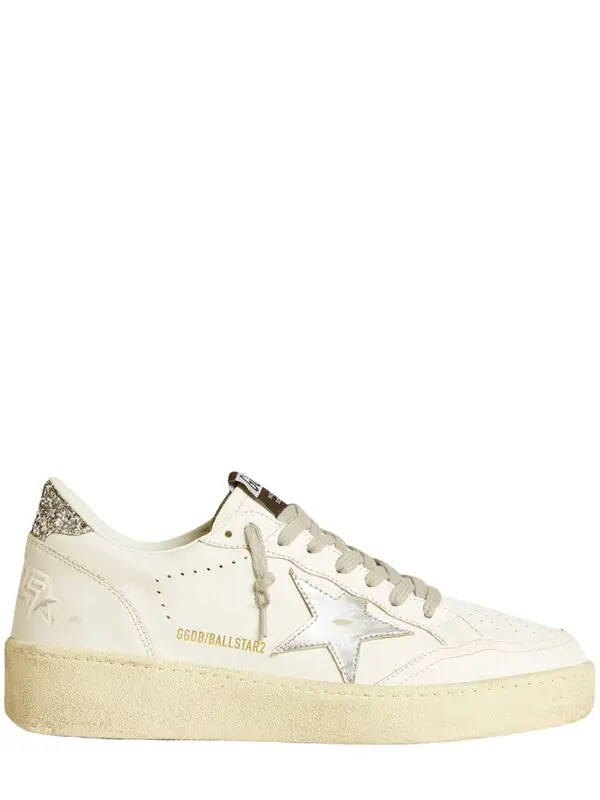 GOLDEN GOOSE Vintage Effect Leather Ball Star Sneakers With Metallic Star And Glitter Heel Tab - Silver