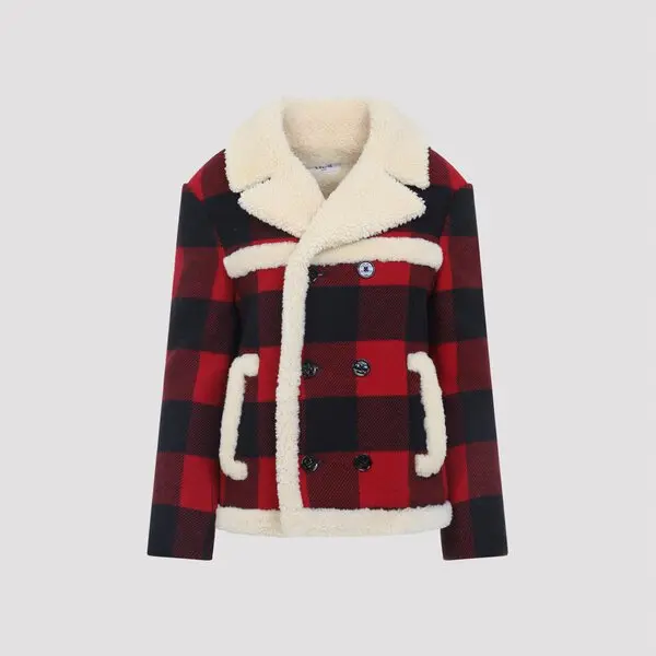 Celine Checked Double-breasted Shearling Jacket - Red