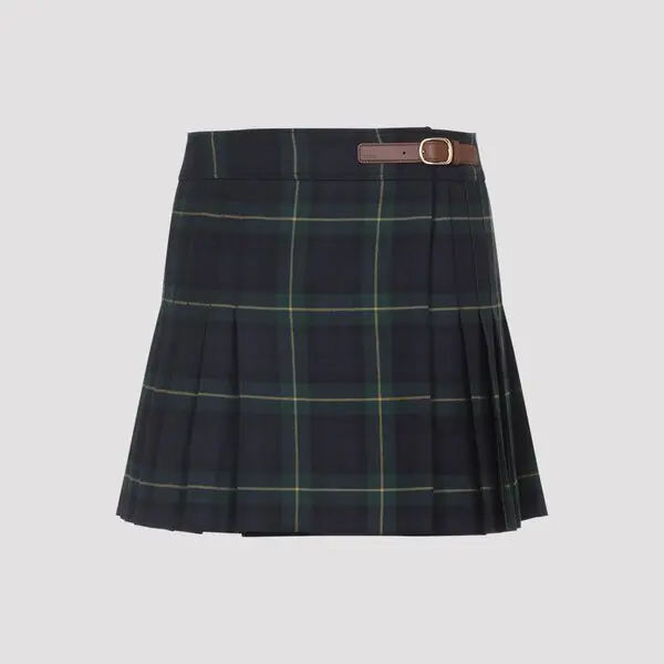 Celine Wool Plaid Pleated Mini Skirt With Buckled Belt - Green