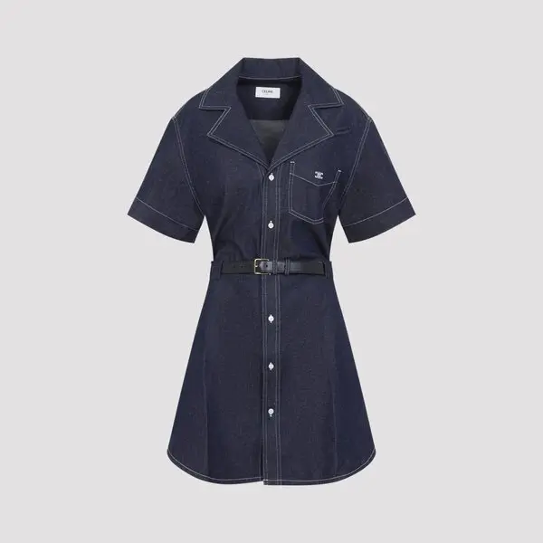 Celine Denim Mini Shirt Dress With Belt - Blue