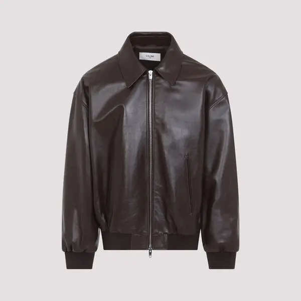 Celine Classic Leather Zip-up Jacket - Brown