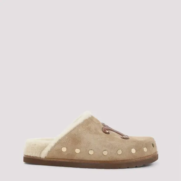Celine Triomphe Flat Slippers With Gold Tone Studs - Brown